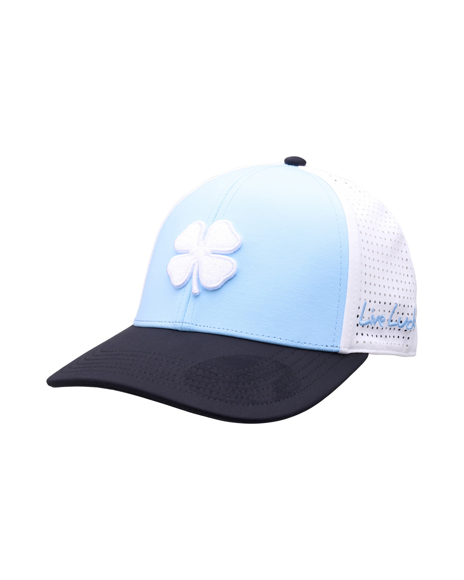 Light Blue and Black Perforated Golf Hat with White Clover – Black Clover