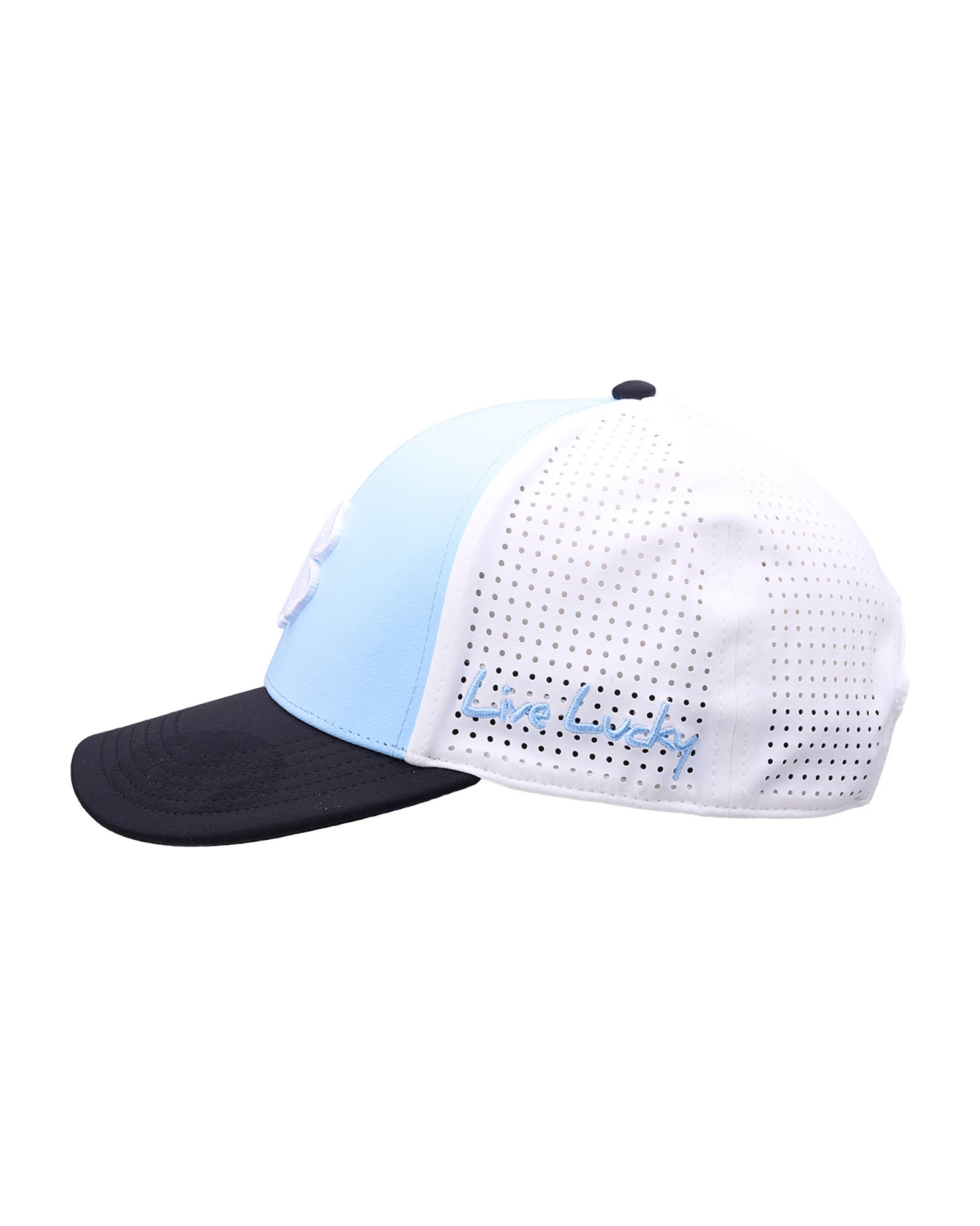 Light Blue and Black Perforated Golf Hat with White Clover – Black Clover